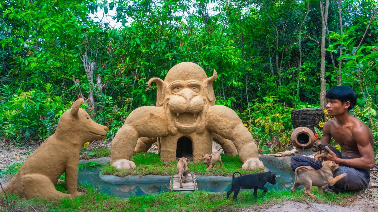 Building SPIKE Mud House & Fish Pond For My Dogs - YouTube