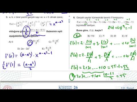 12. Sınıf Matematik Kazanım Kavrama Test 26 (Anlık Değişim Oranı ve Türev) Çözümler