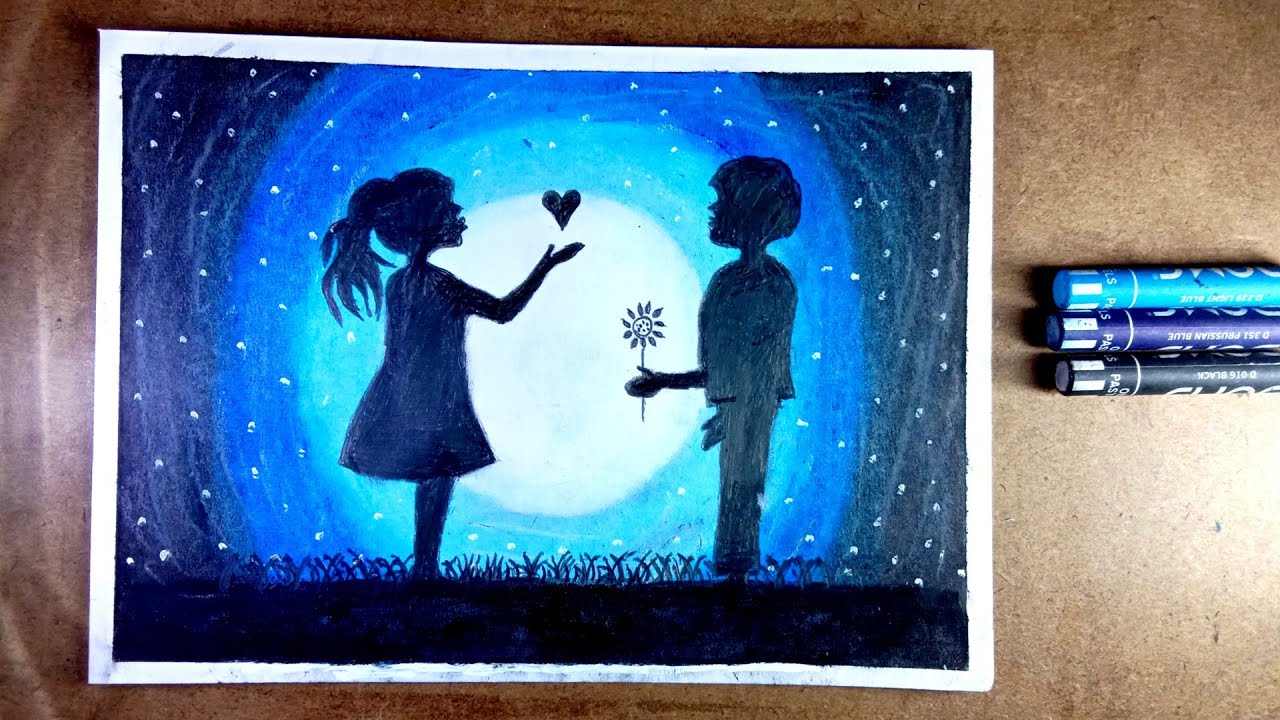 Small boy and girl moon light scenery drawing for beginners with oil ...
