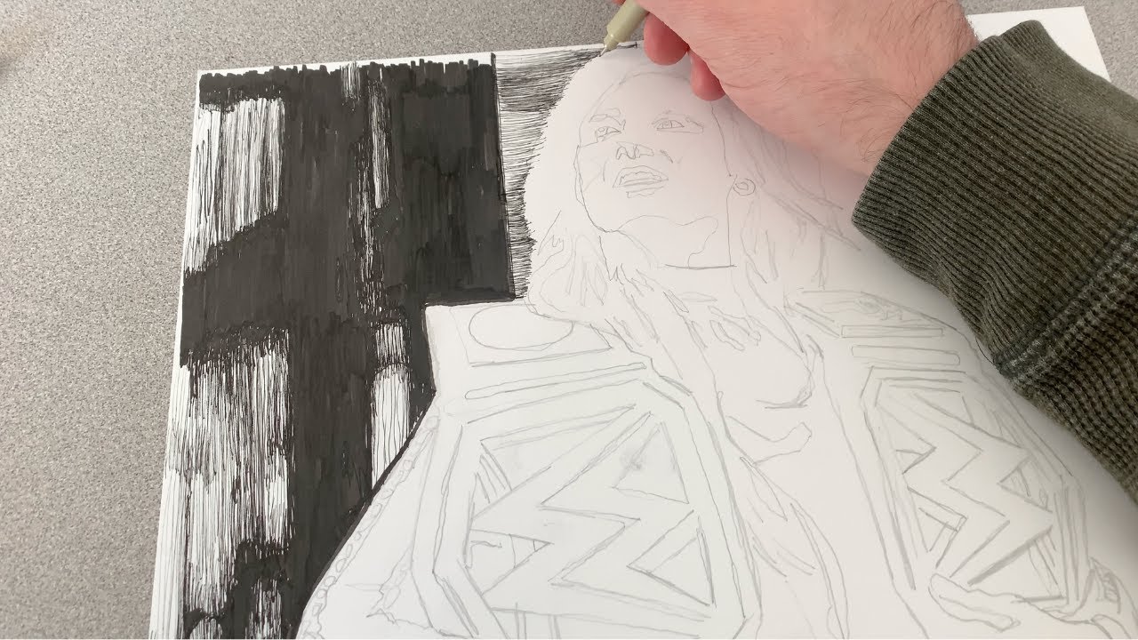 ASMR Pen & Ink Drawing of Becky Lynch | Crosshatching Background ...