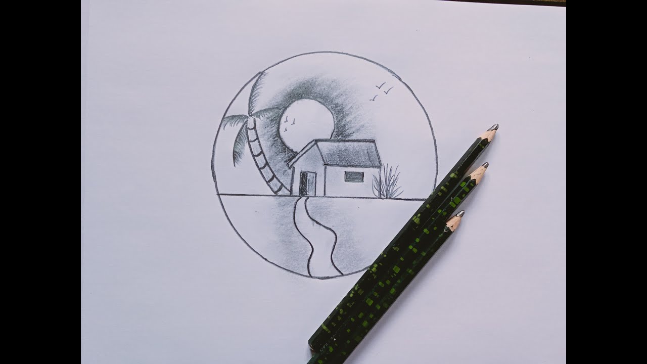 Easy Scenery 🌉 🏡 Drawing. How to make a scenery using graphite Pencil ...