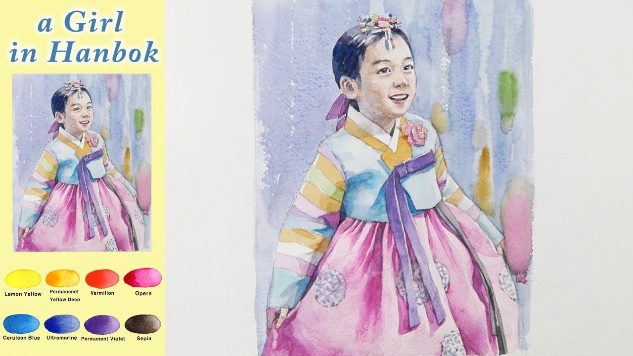A girl in hanbok- Drawing People Watercolor.(wet-in-wet. Fabriano rough ...