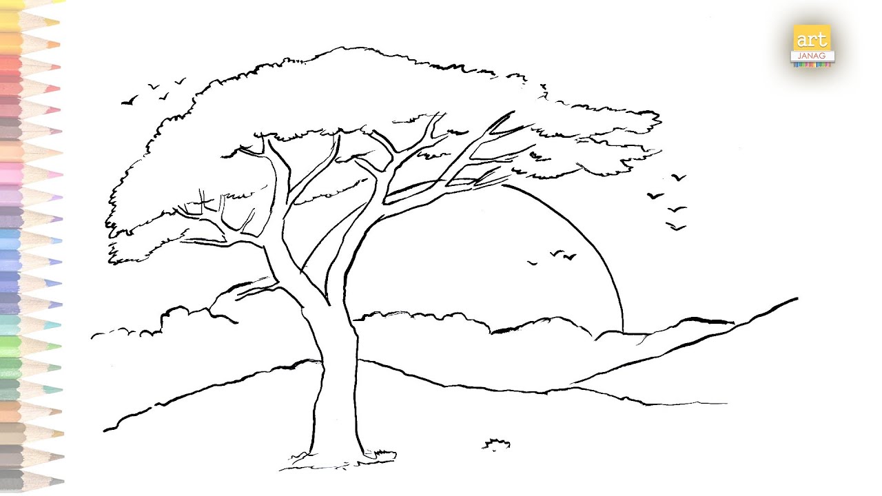 Sunset scenery drawing easy | How to draw Sunset outline drawing simply ...