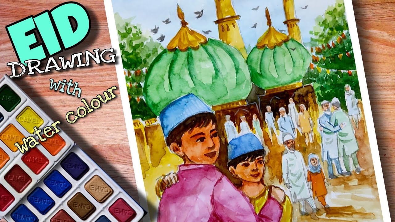 How to draw eid festival | Eid mubarak drawing with water colour | eid ...