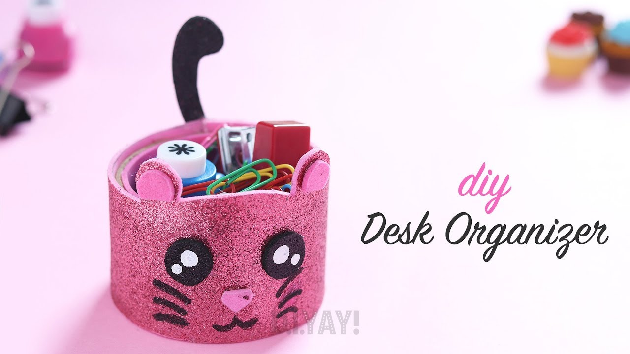 DESK ORGANIZATION IDEA | Kitten Desk Organizer | DIY School Supplies ...