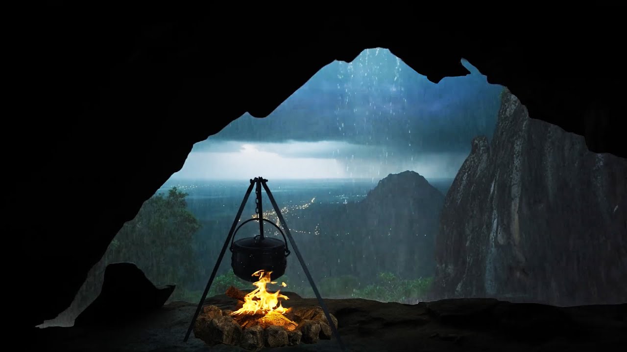 10 Hours 😴 Cooking Soup in the Cave on a Rainy Night - Fire Crackling ...