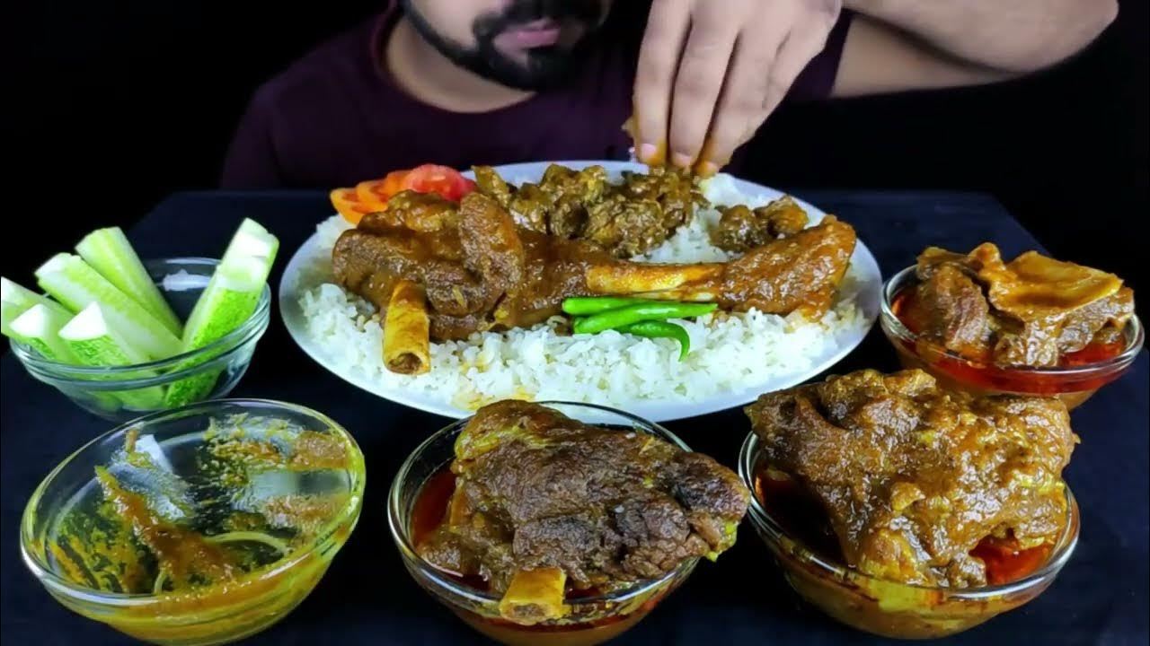 13 ASMR MUKBANG / SPICY MUTTON LEG PIECE, MUTTON CURRY, MUTTON LIVER BHUNA, SALAD, RICE - YouTube