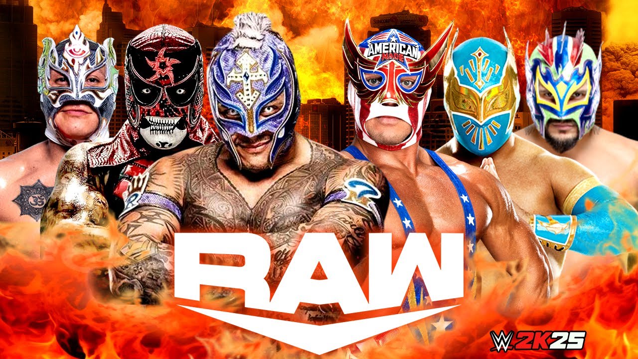 WWE RAW Rey Mysterio Penta & Rey Fenix vs El Grande Americano Sin Cara ...
