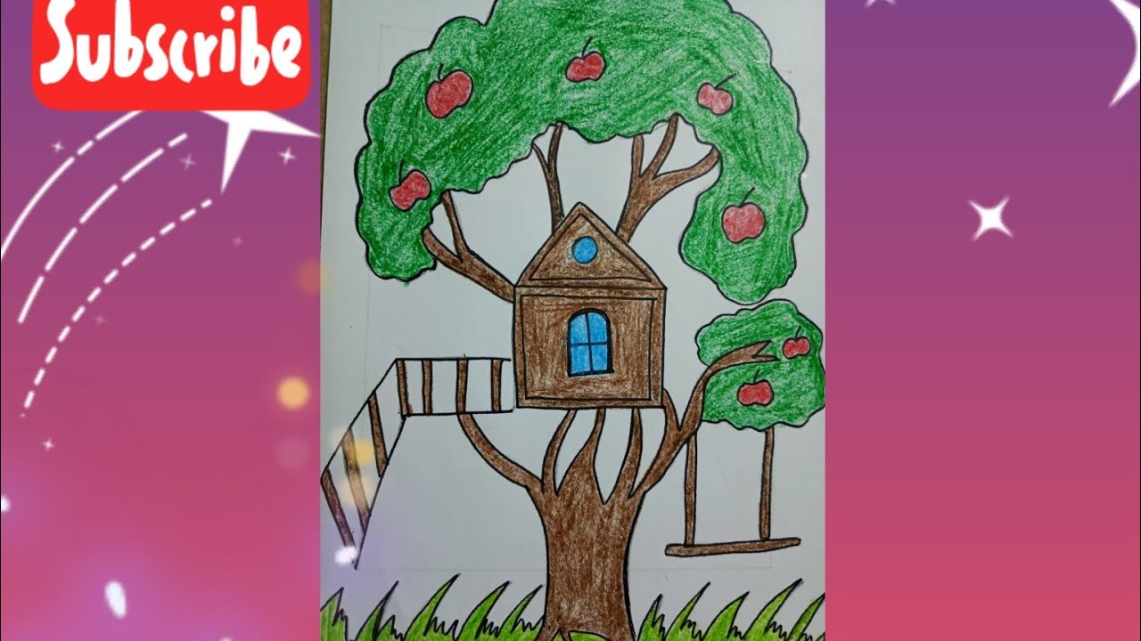 Apple tree house drawing for kids (step by step)/How to draw easy Apple ...