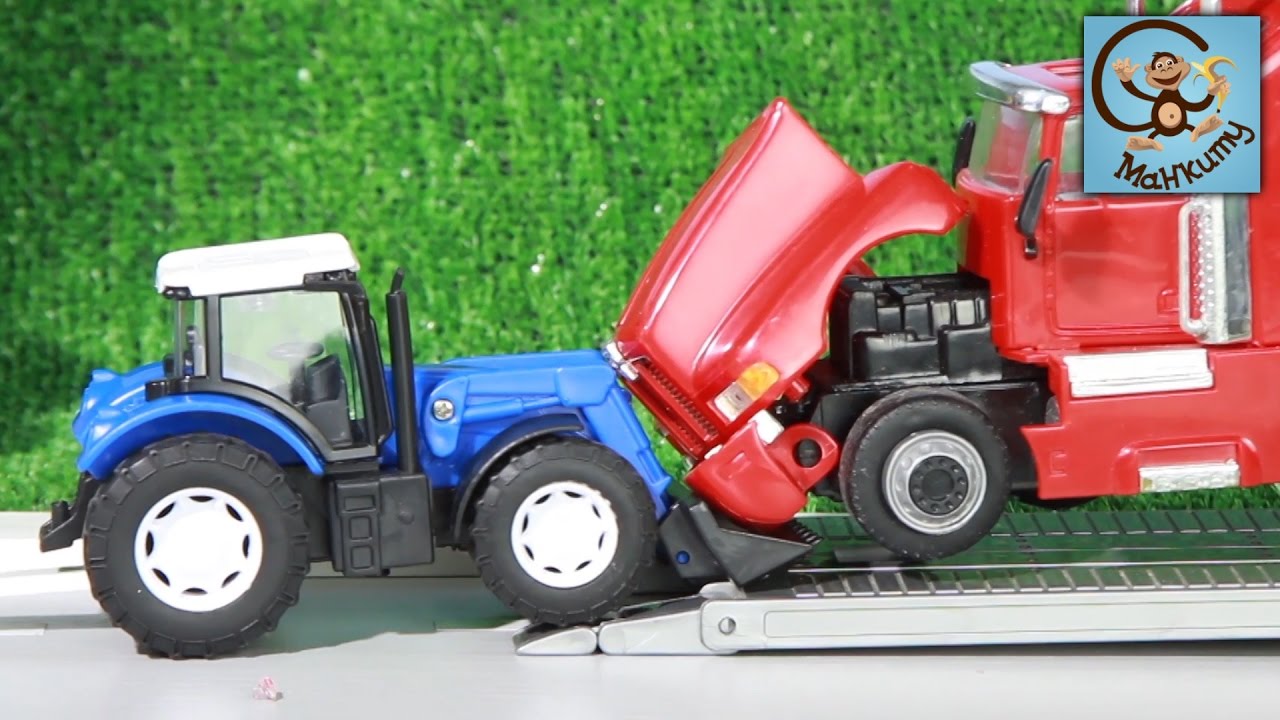 Cartoon cars. Tractor, wrecker, low loader, truck, car hauler, tram ...