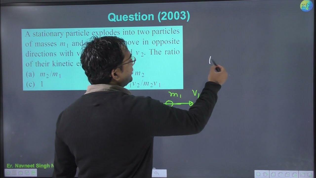 A stationary particle explodes into two particles of masses m1 and m 2 which move in opposite ...