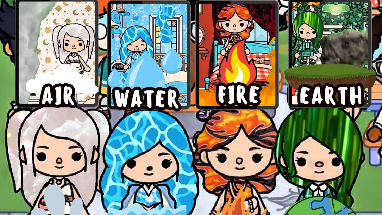 Four Element Sisters 🪄 🌈 💙water ️fire 💚air 🌍 earth /Toca Boca Toca life ...
