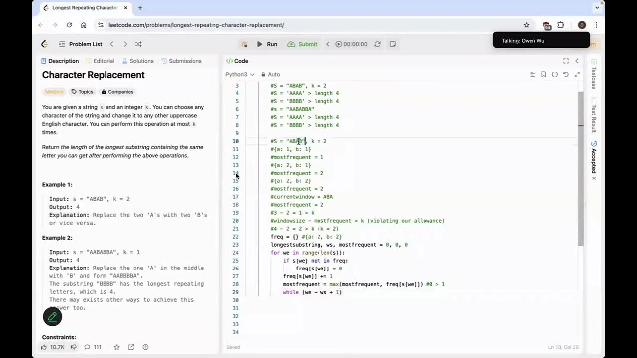 424. Longest Repeating Character Replacement - Using Python - YouTube