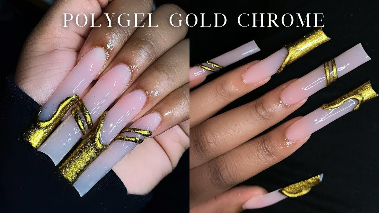 EXTRA LONG GOLD CHROME POLYGEL NAILS ⚜️ Beginner friendly Polygel ...