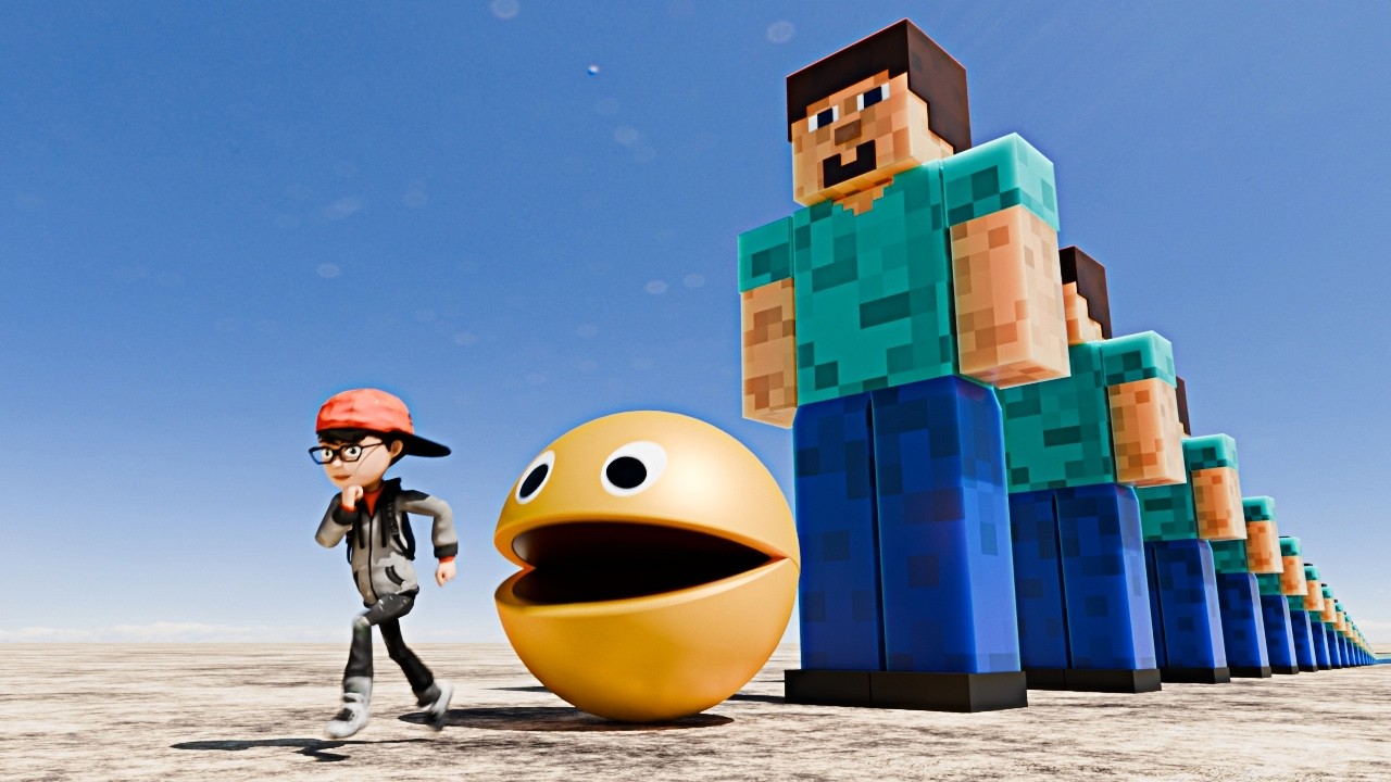 MINECRAFT vs PAC-MAN! 🤯 GIANT STEVE's EPIC Domino Chain Reaction (VFX ...
