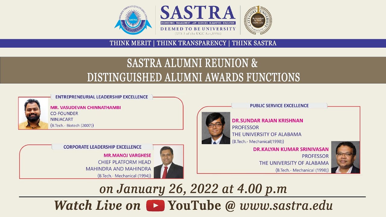 SASTRA ALUMNI REUNION & DISTINGUISHED ALUMNI AWARDS - YouTube
