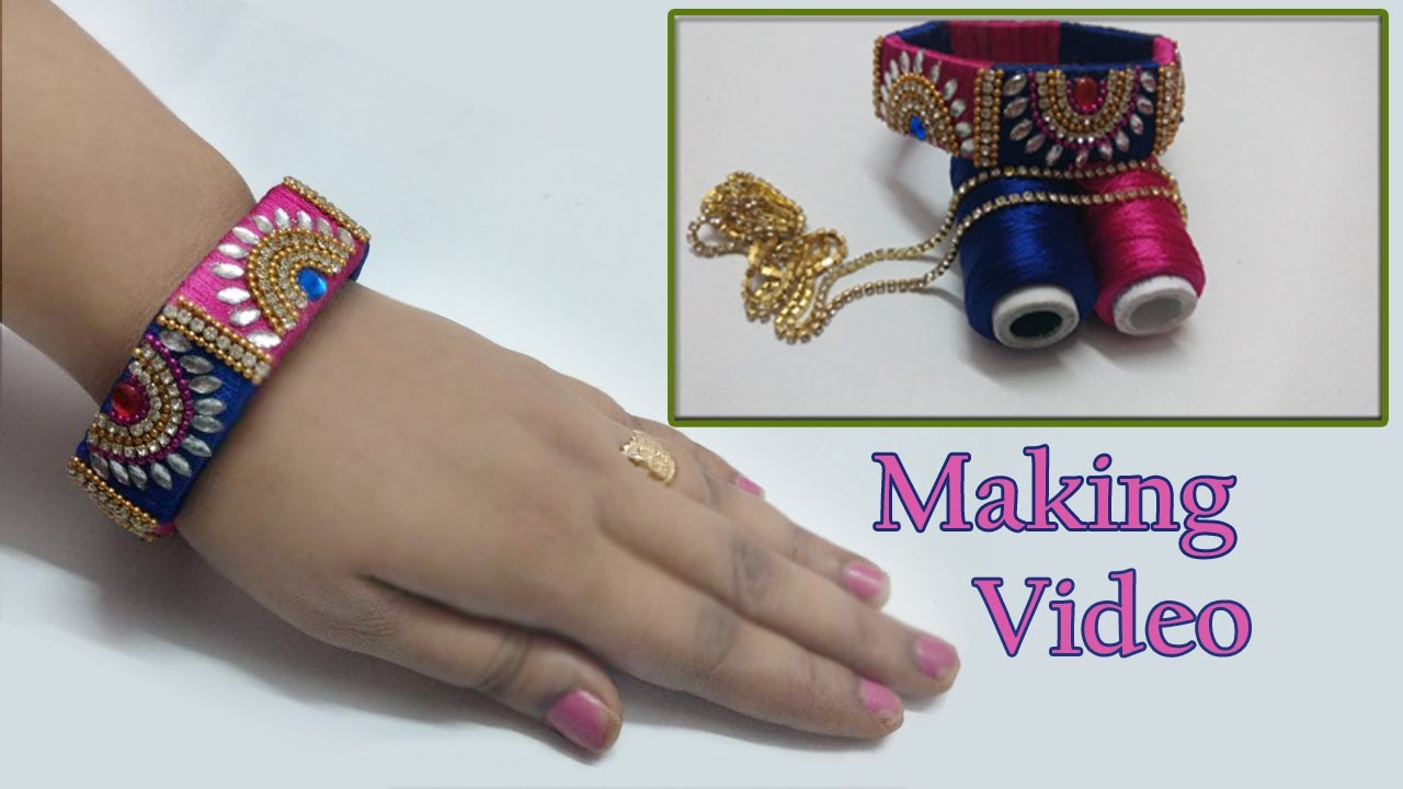 How to make designer half moon silk thread bangles | Pink and Blue silk ...