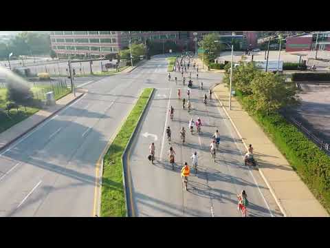 Drone Following World Naked Bike Ride Procession St Louis 2025 Down 18th thru Chouteau and Papin