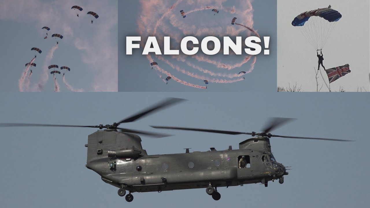 Parachute jump from Chinook helicopter (RAF Falcons Parachute Display ...