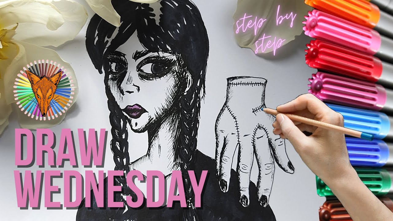 how to draw Wednesday Addams with thing. Do you want to repeat such a ...