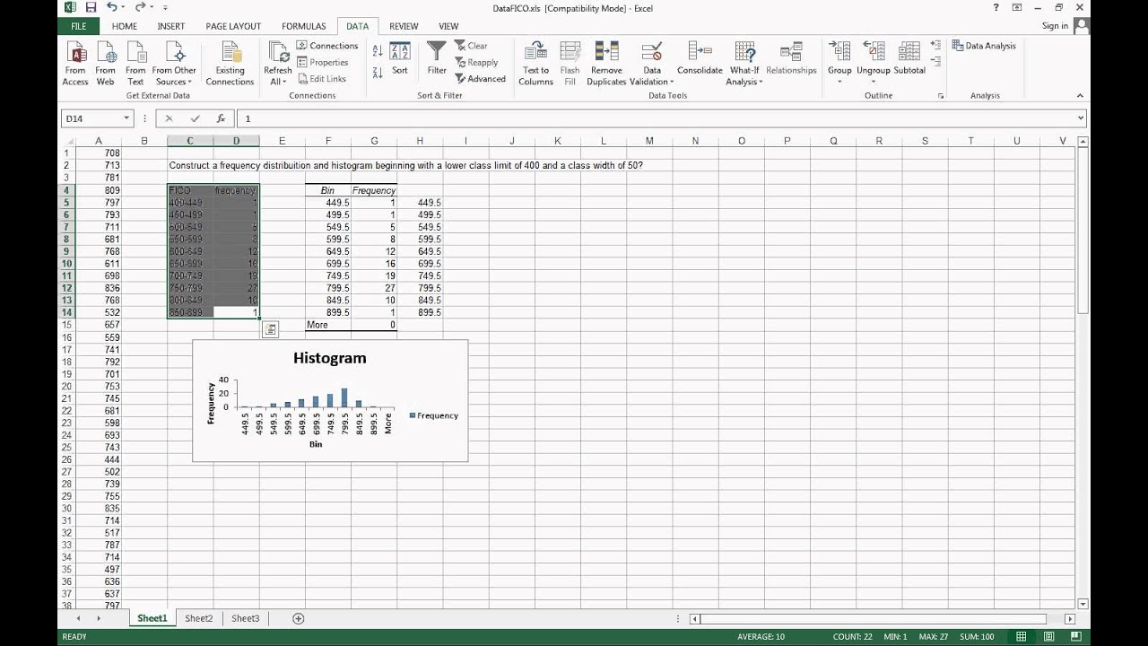 Histogram Demonstration FICO Scores Excel 2013 - YouTube