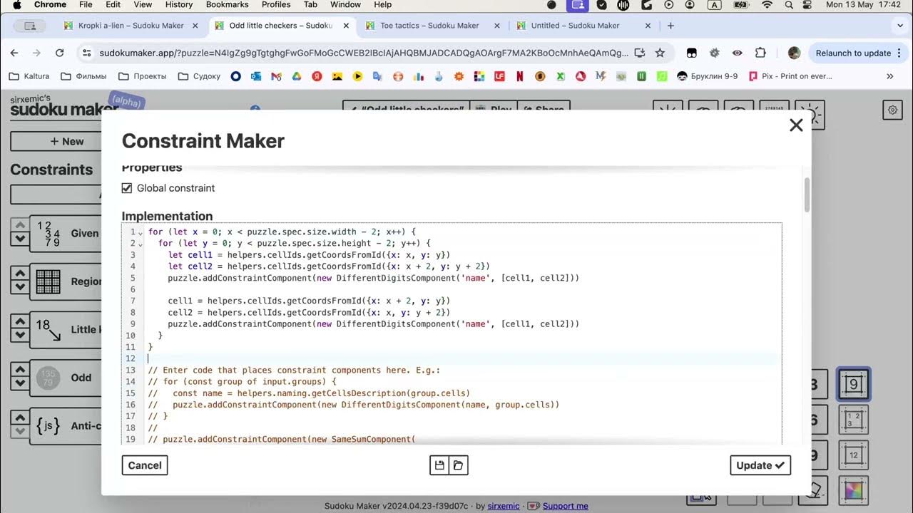 Creating a global constraint with built-in components in Sudoku Maker - YouTube