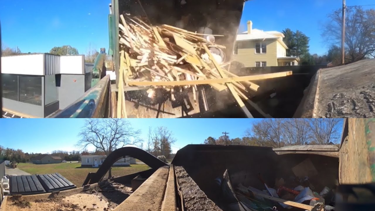 Front load garbage truck Emptying dumpsters 2 different hopper view ...