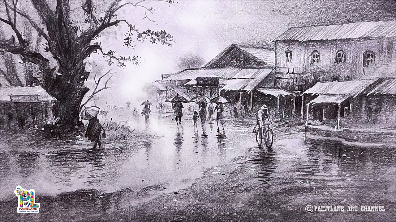 How to draw Rainy Season in Old Village Street with Pencil Art - YouTube