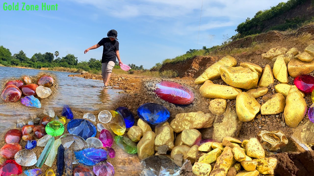 Action of Finding Natural Gold, Diamond Amethyst. Diamonds, Quartz ...