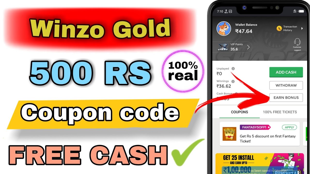 Winzo Gold Cash bonus coupon code | Winzo gold ₹500 Cash bonus coupon ...
