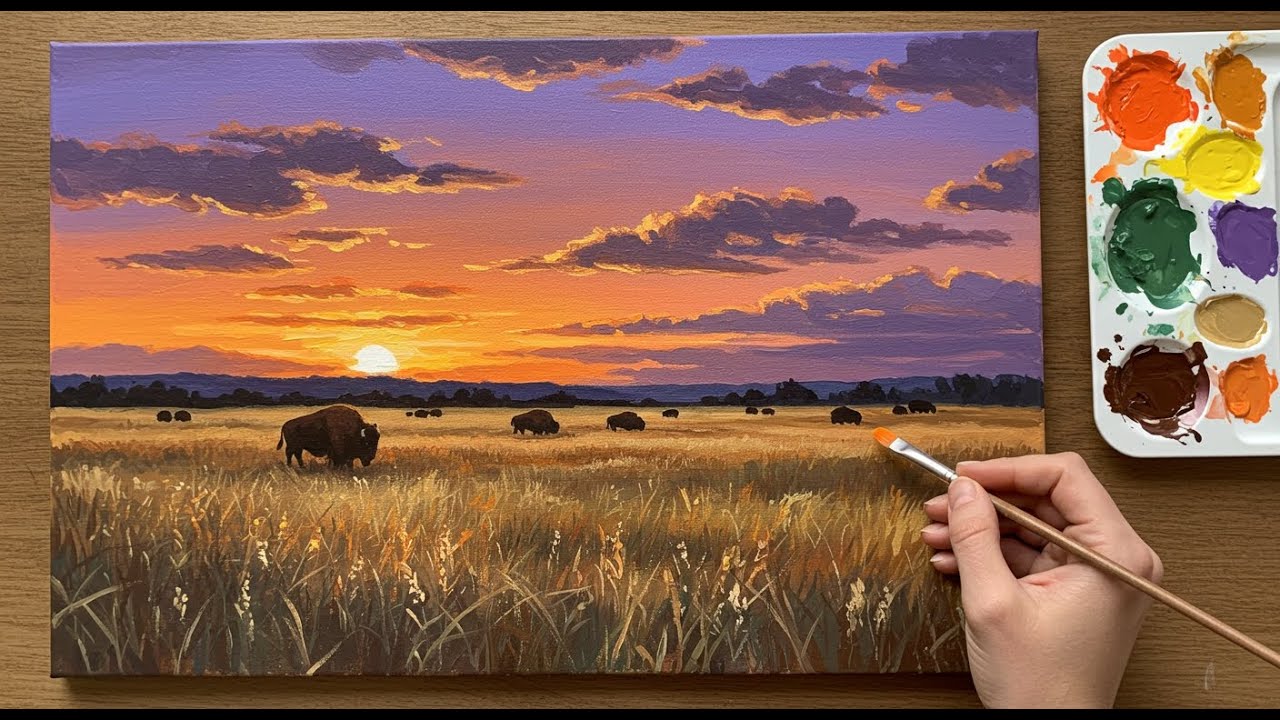 Sunset Prairie with Bison Herd 🌅🐃 | Acrylic Painting Tutorial for ...