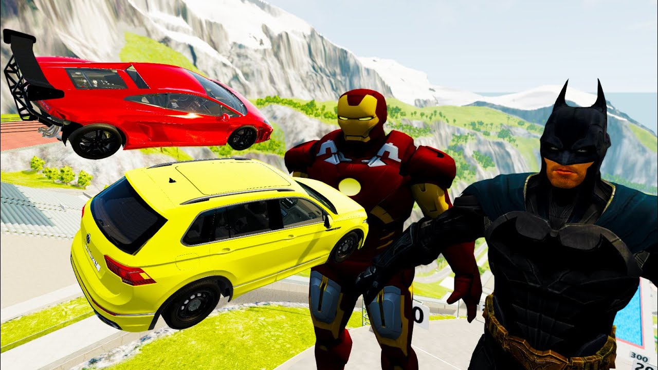 High Speed Jumps Between Iron Man & Batman - BeamNG Drive Funny Jumps ...