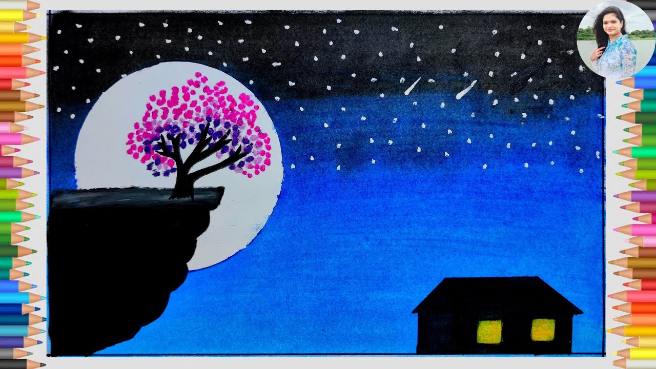 Moonlight Night Scenery Drawing | Drawing with Oil Pastel | Oil Pastel ...
