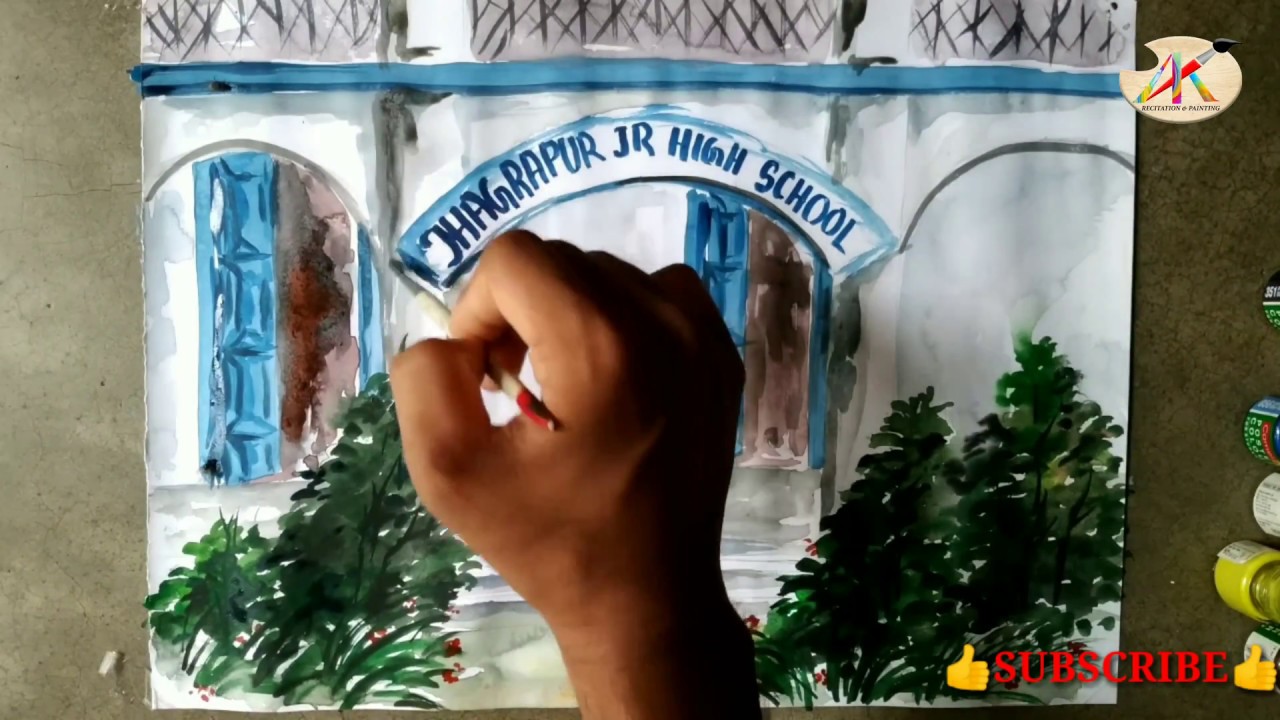 School drawing-school environment in water colour/ water colour school ...