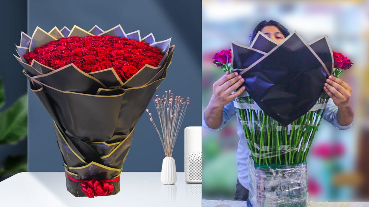 100 red Roses arrange flowers Bouquet. || flower wrapping techniques ...