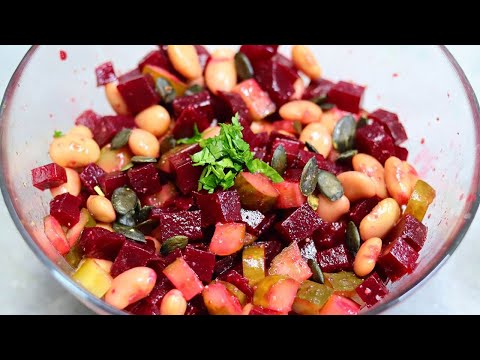Salat in 5 Minuten! Sehr einfacher und leckerer Rote Bete Salat mit Bohnen und Gewürzgurken! vegan