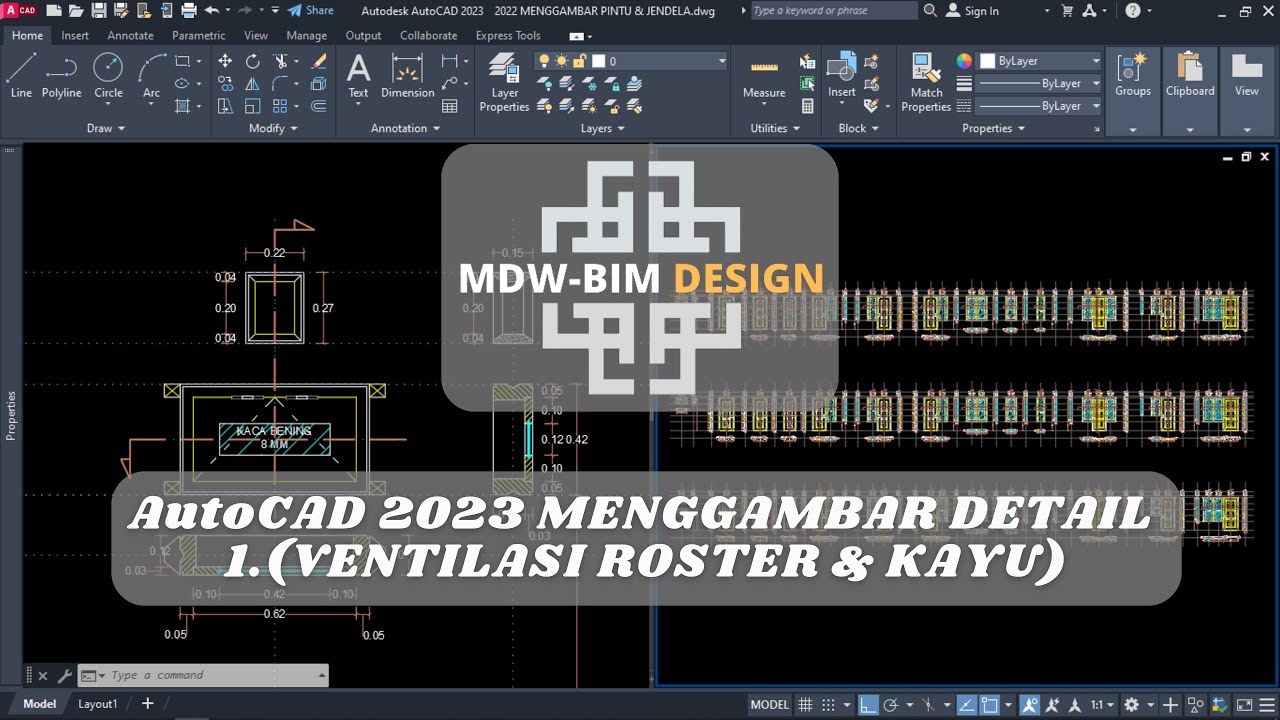 AutoCAD 2023 MENGGAMBAR DETAIL 1.(VENTILASI ROSTER DAN KAYU) - YouTube