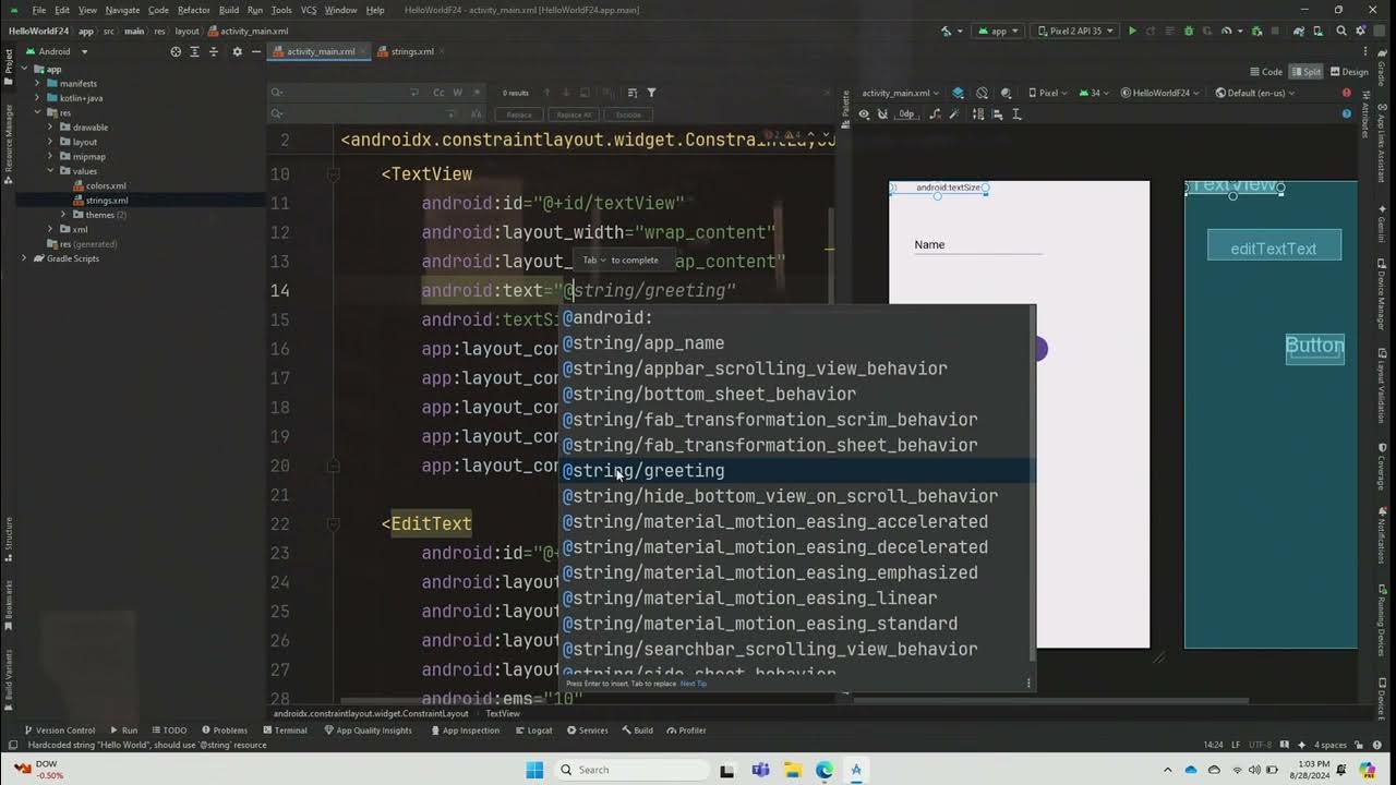 Hello World Part 3 Fixing some cautions with string res - YouTube