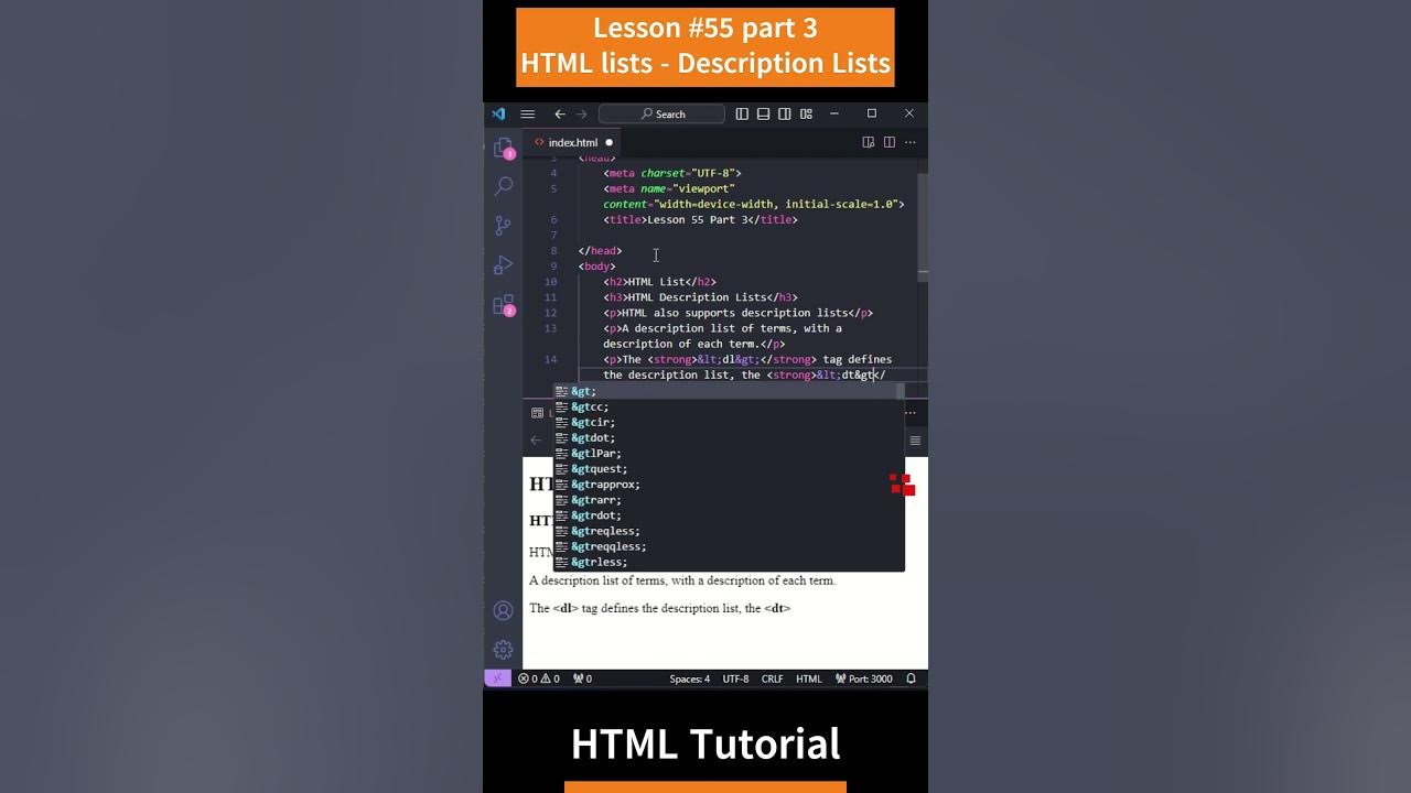 Html Tutorial Lesson 55 Html Lists Description Lists Part 3 Shorts Html Css