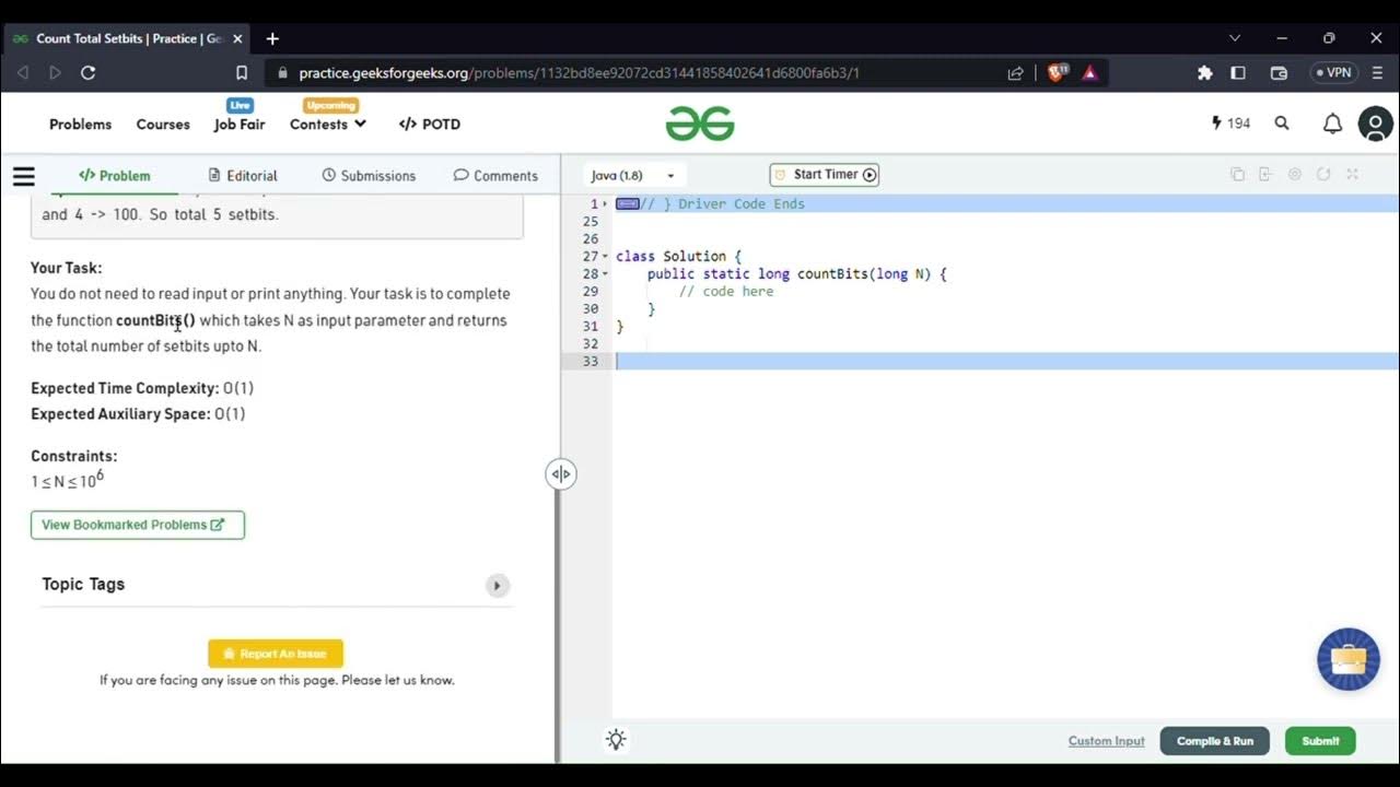 Count Total Setbits Hindi Gfg Potd Java Bit Manipulation Youtube