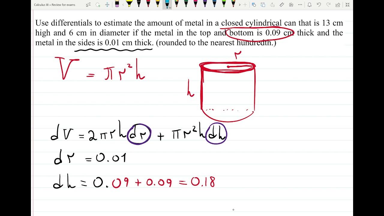 Linearization in 3D: Use differentials to estimate the amount of metal in a closed cylindrical ...