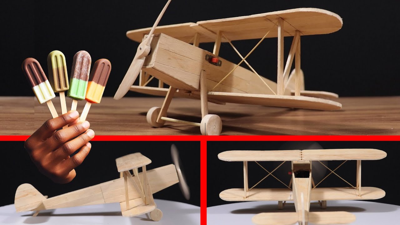 Como hacer un avión biplano con motor con 60 palitos de helado - YouTube