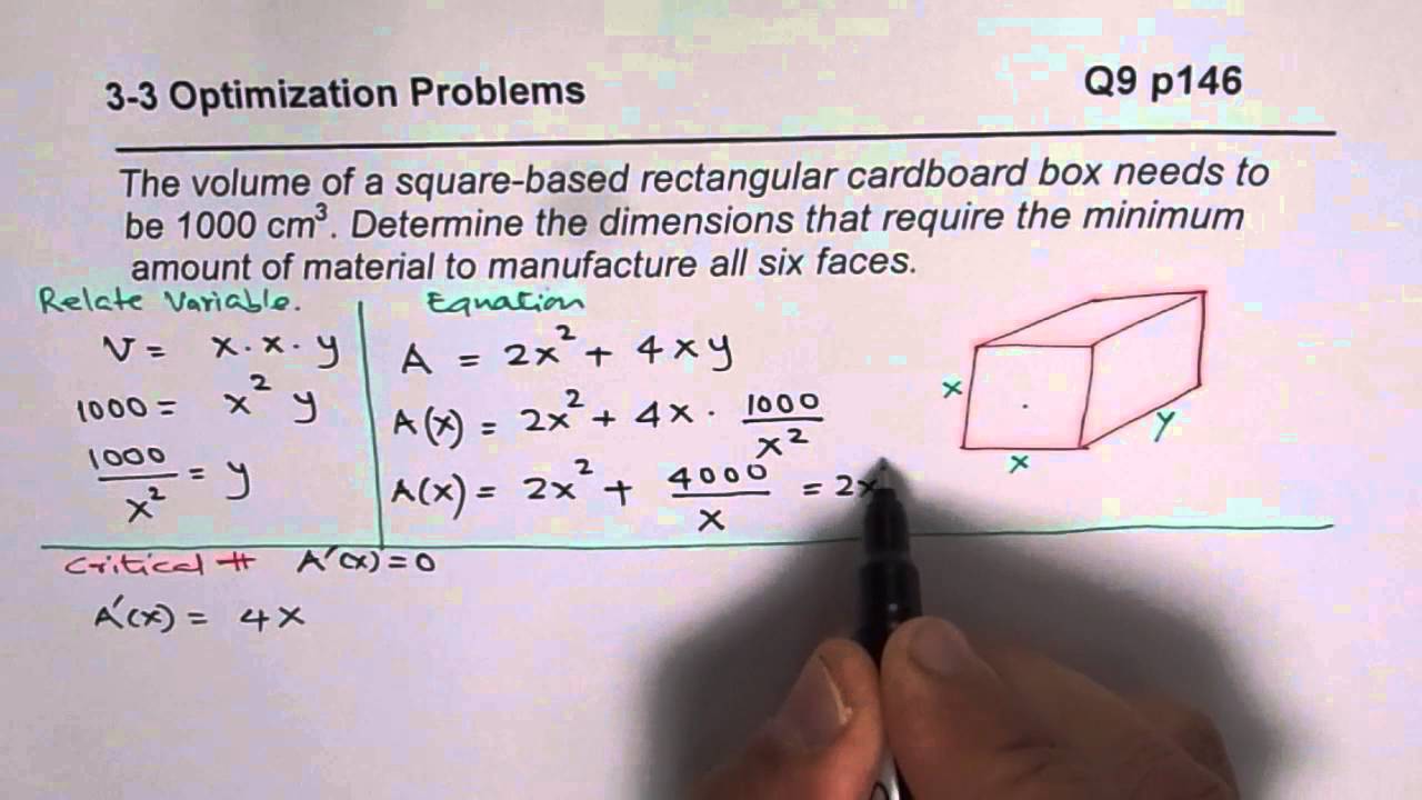 Q9 P 146 Minimum Surface Area Square Based Prism MCV Calculus YouTube Q9 P 146 Minimum Surface Area Square Based Prism MCV Calculus YouTube