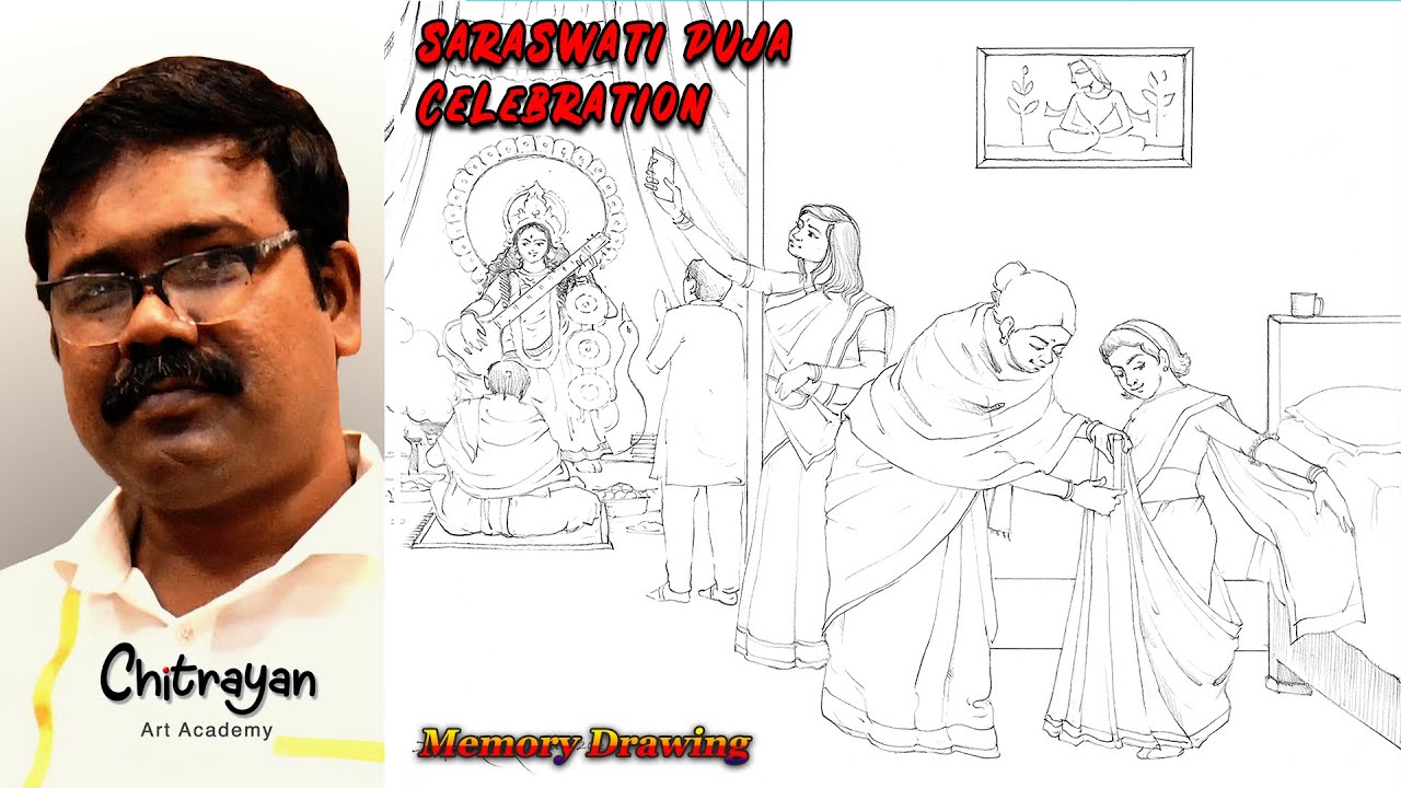 Saraswati Puja Scenery Drawing | Vasant Panchami Drawing Ideas ...