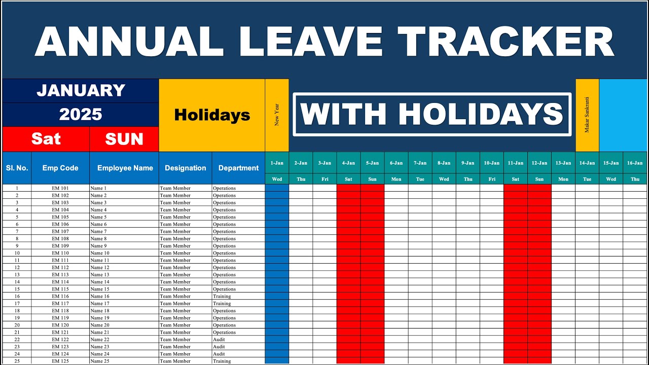 Annual LEAVE TRACKER with Holidays in Excel / Leave Tracker / Excel ...