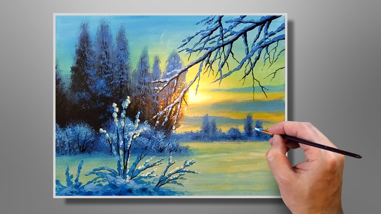Painting of snow fields and trees / Acrylic Painting - YouTube