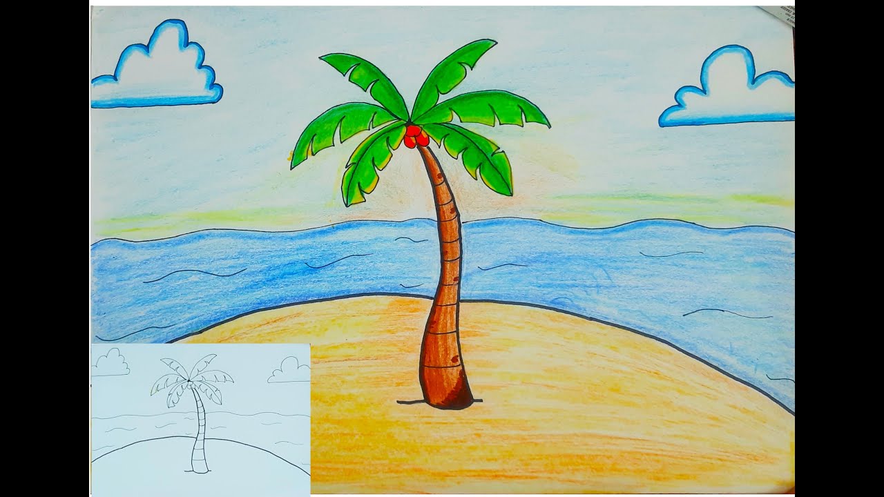 How to draw palm tree near sea beach | Easy summer season scenery ...