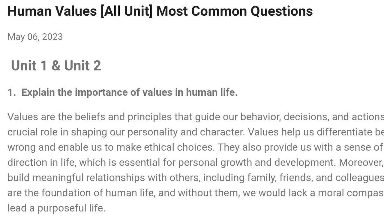 Human Values | 8th Semester | Unit 1 & 2 | PYQ | Mid/End Sem Paper Solved - YouTube