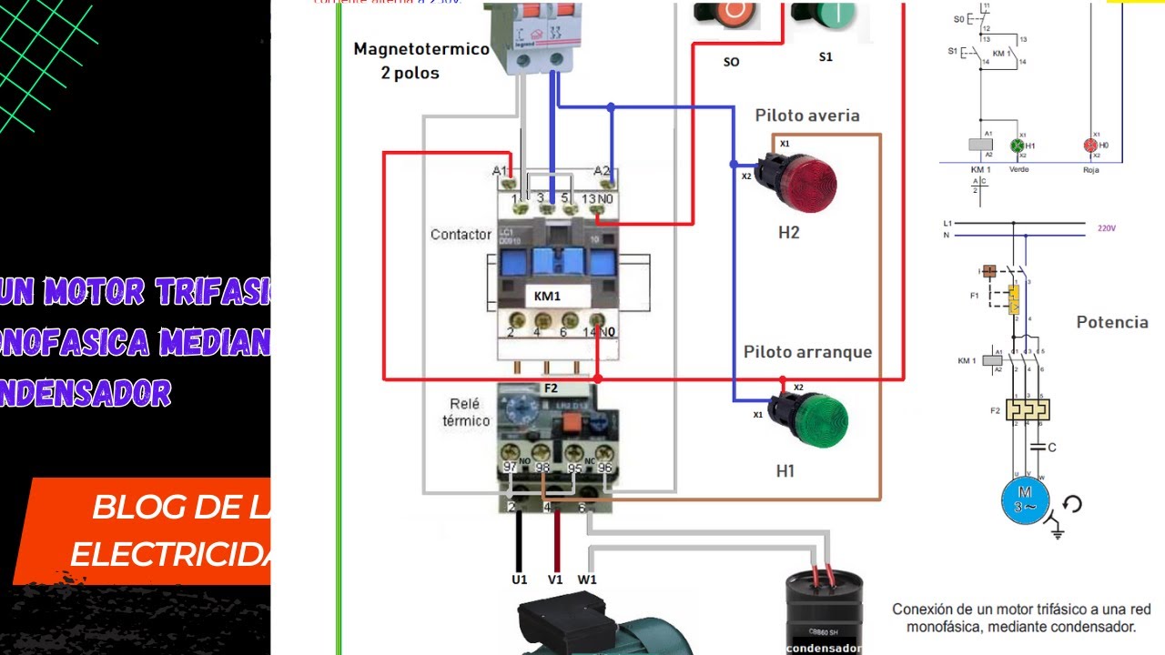 Esquema conexión de un motor trifasico a una red monofasica mediante ...