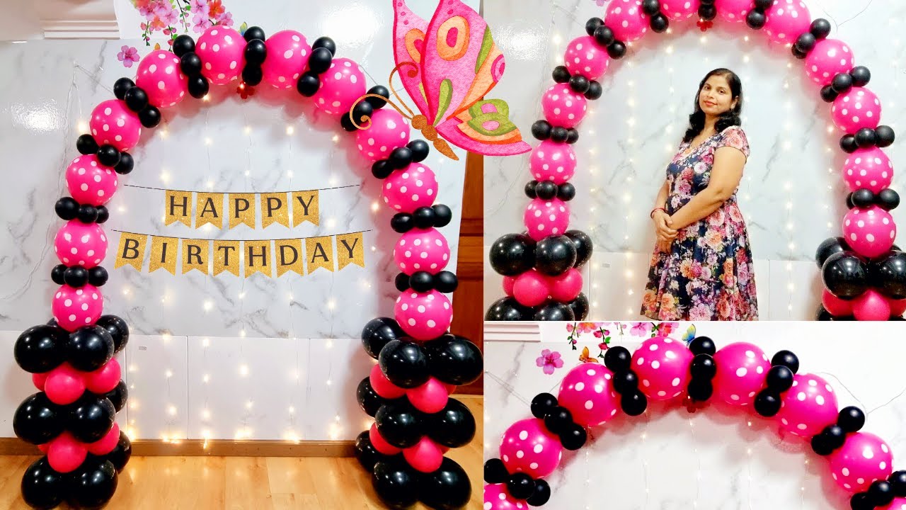 Balloon Arch with link o loons | Black & Pink Theme balloon Decoration ...